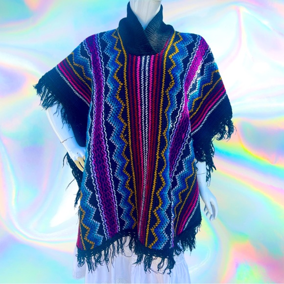 Vintage | Sweaters | Multicolor Striped Fringed Knit Poncho | Poshmark